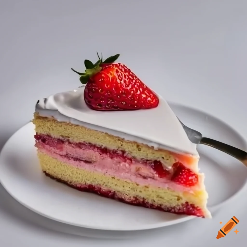 A slice of strawberry cake on a white plate with a white background on Craiyon