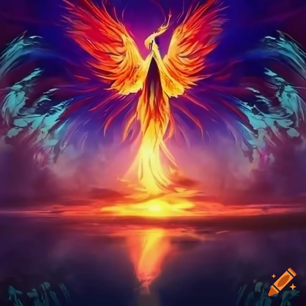 Powerful phoenix rising from the sun in beautiful vivid colors