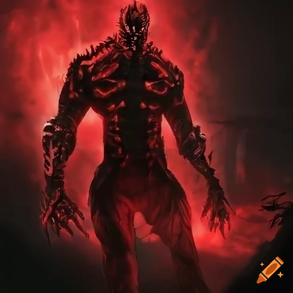 Photo realistic, Titan, with glowing spikes, black with red accents ...