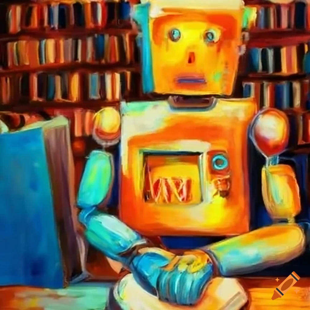 Nice robot reads books in library on Craiyon