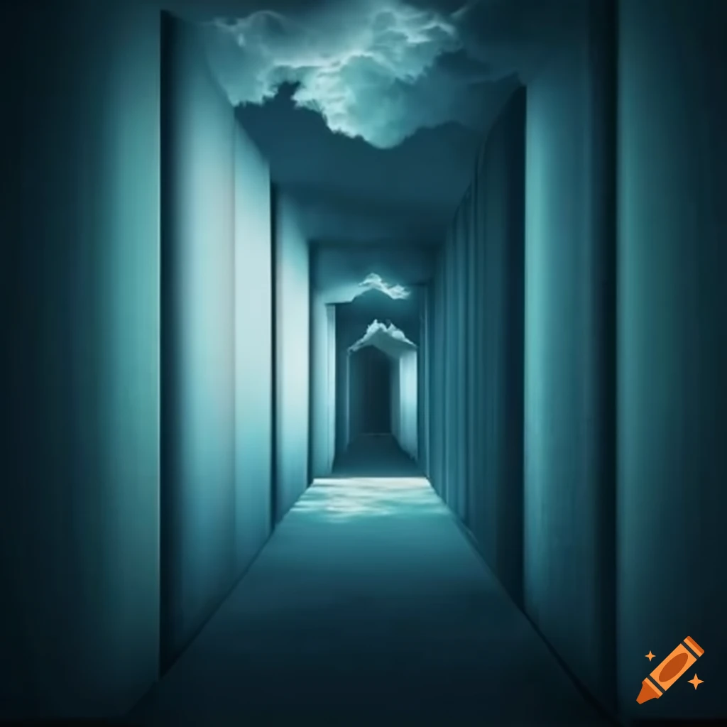 A surreal hallway floating on clouds
