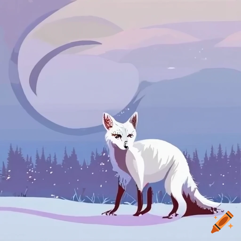 Drawing of a white fox in a snowy landscape