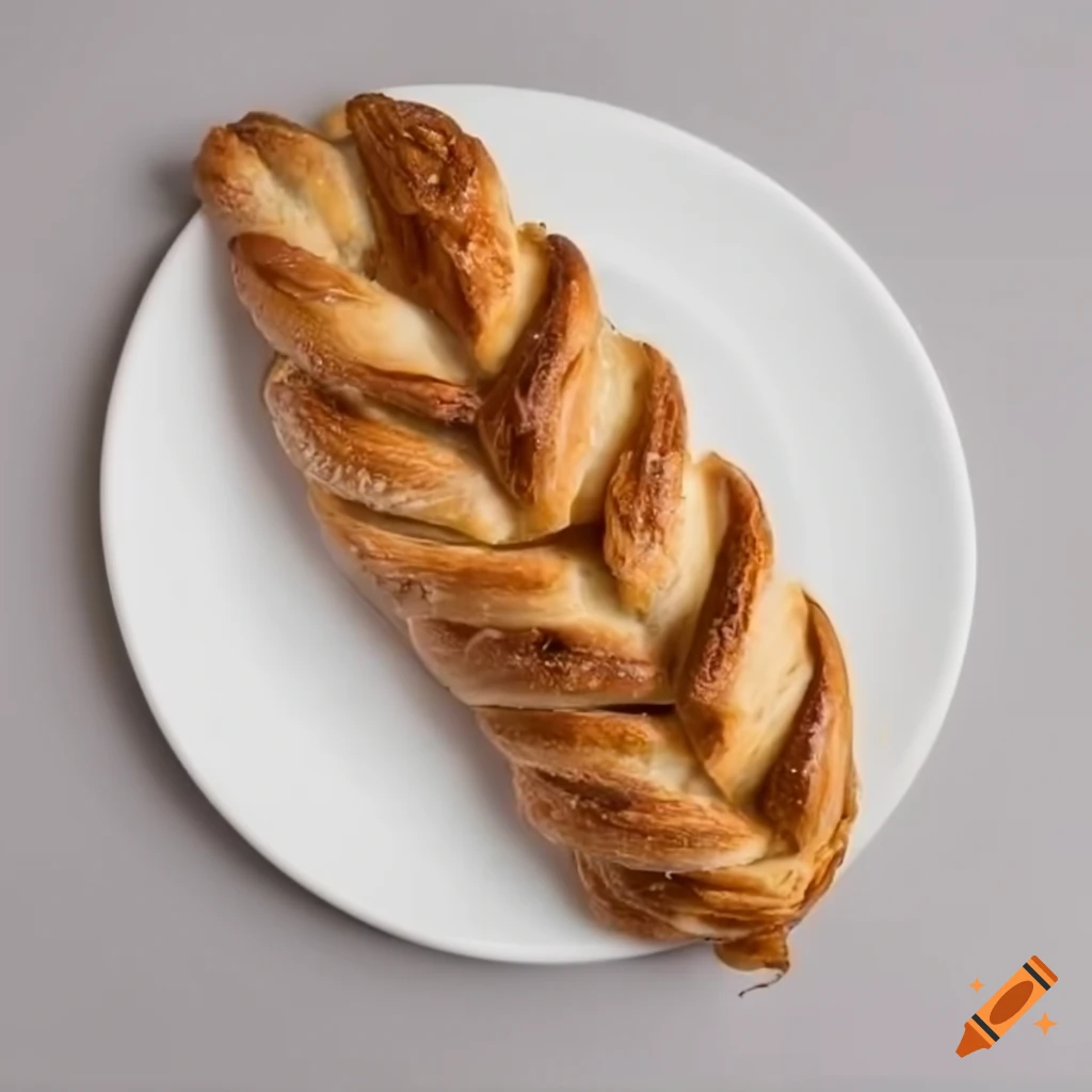 Pastry plait on a white plate on a white background