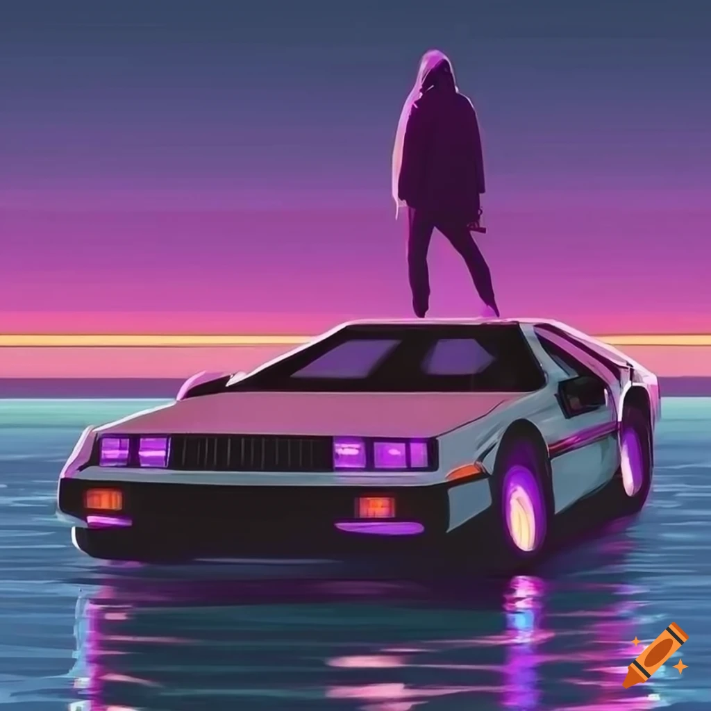 A synthwave illustration with a pool, a delorean car, and a lonely ...