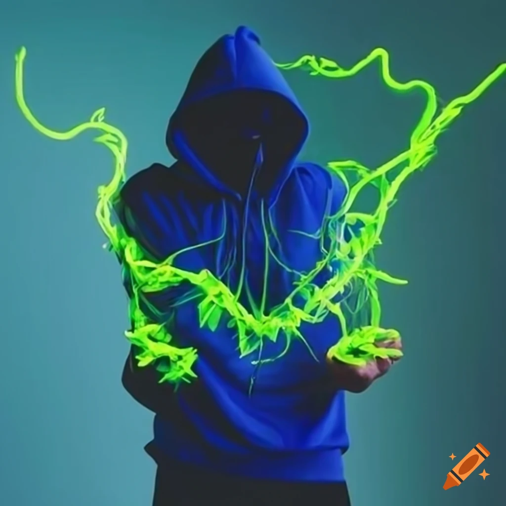 A man wearing a blue hoodie with neon green strings holding a ...