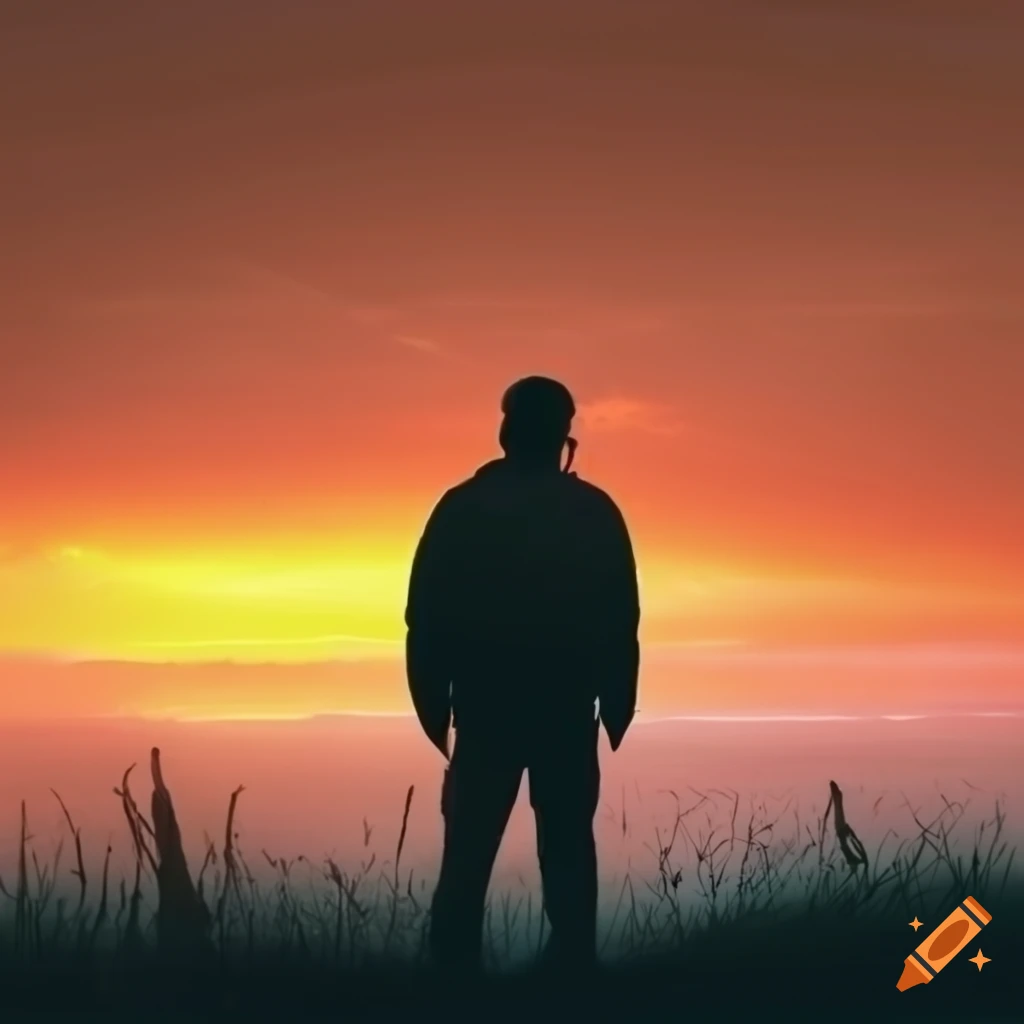 A man lost in thought, staring at the sunset