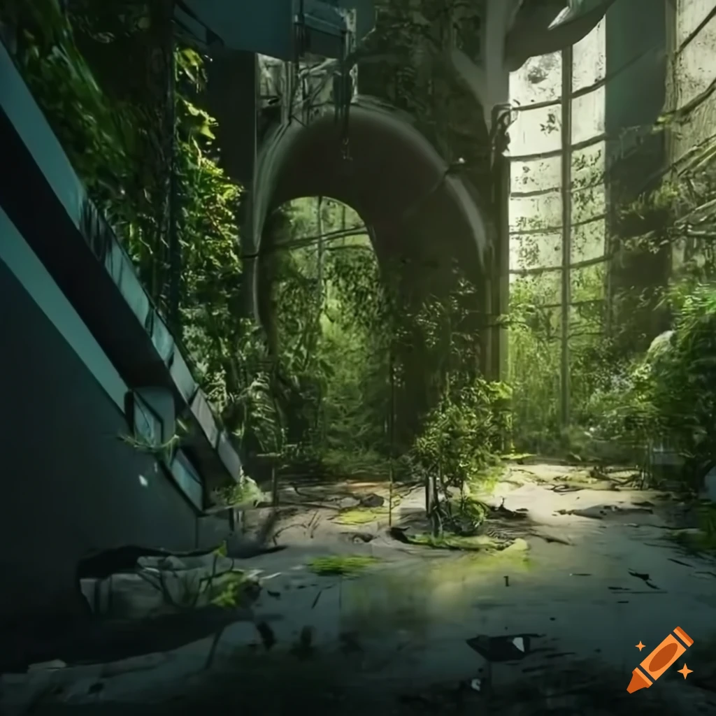 An abandoned futuristic facility covered in plants, cycles rendering