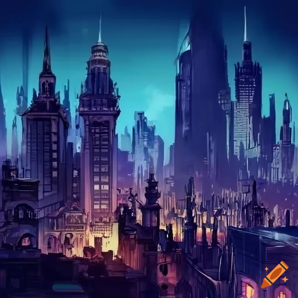 Victorian-inspired futuristic cityscape in manga style