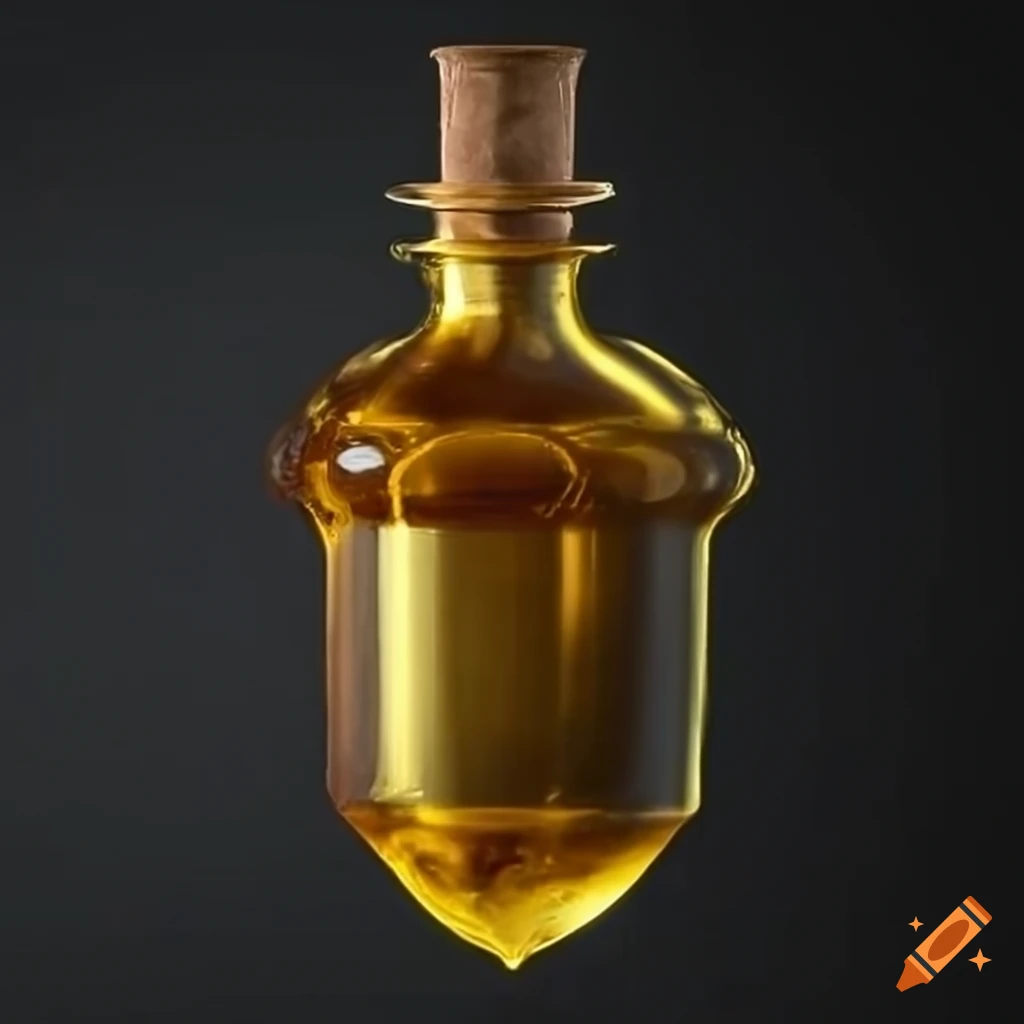 Dark alchemy: golden potion floating in air on black background