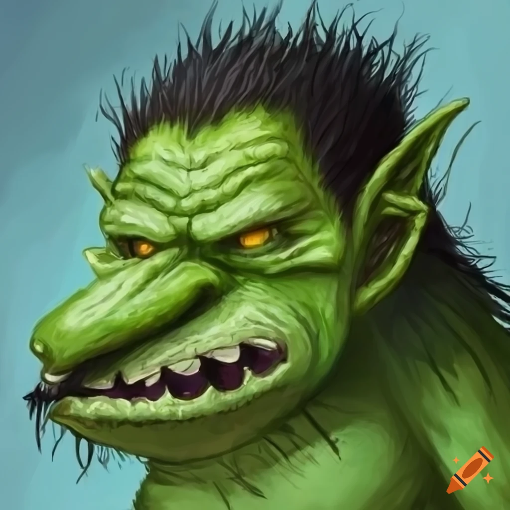 Classic D&D monster art. A tall skinny savage green troll with a long nose, long face, yellow ...