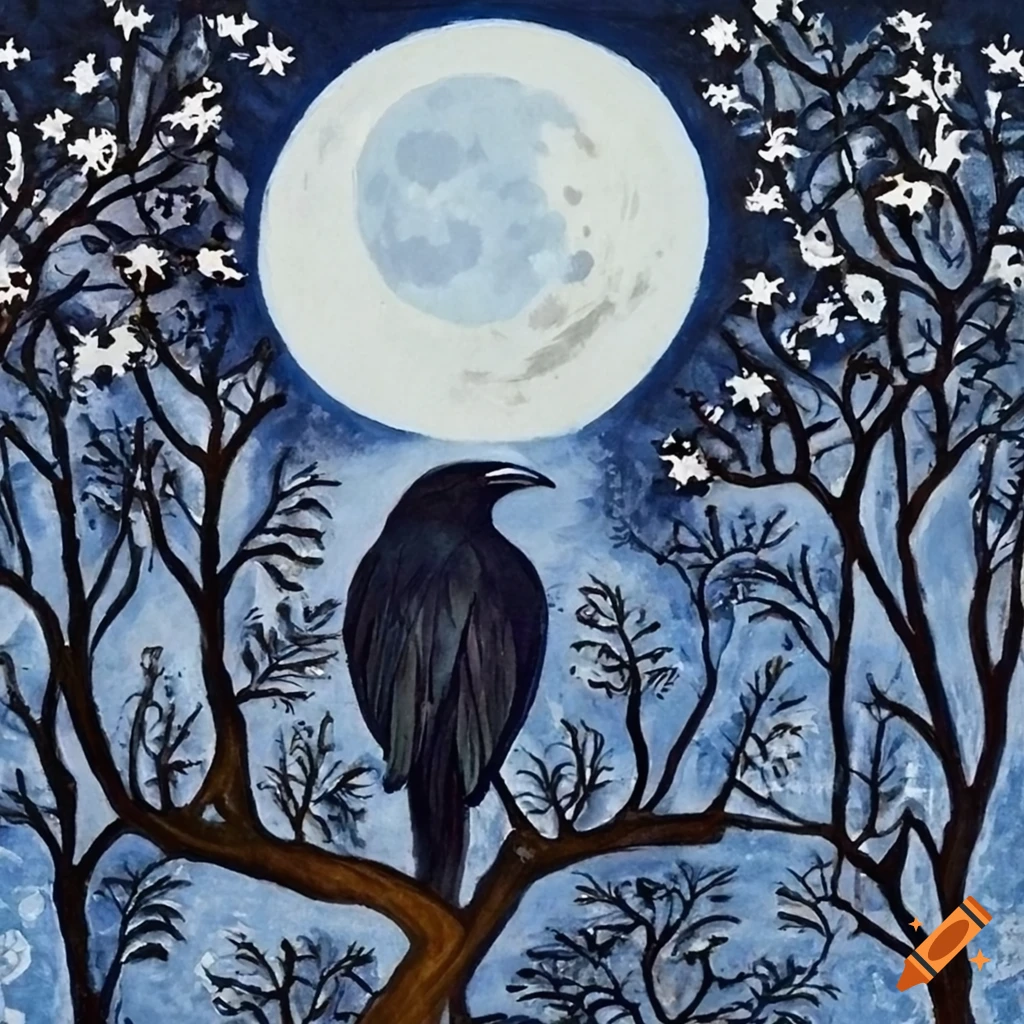 Folk painting of two ravens sitting in a tree under the moon at night