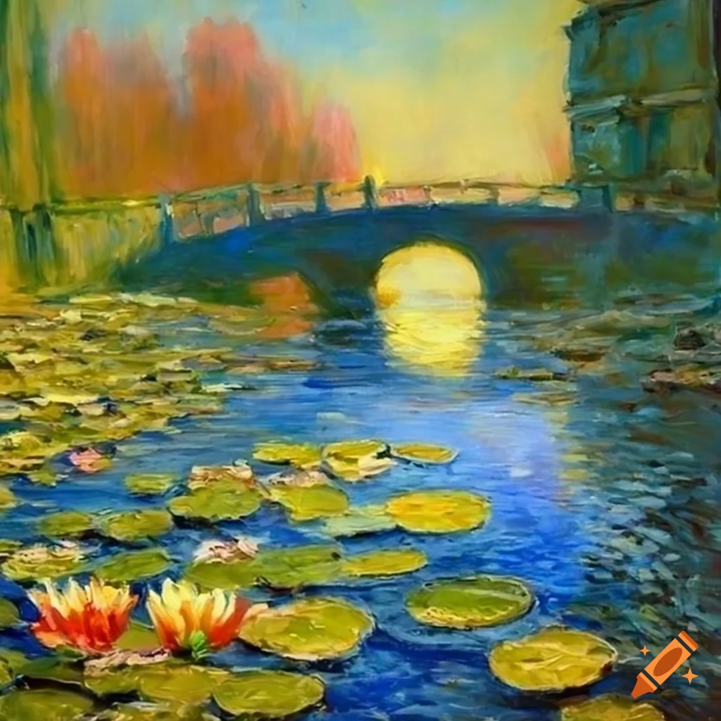 An impressionist river painting with lily pads and bridge made my Monet ...