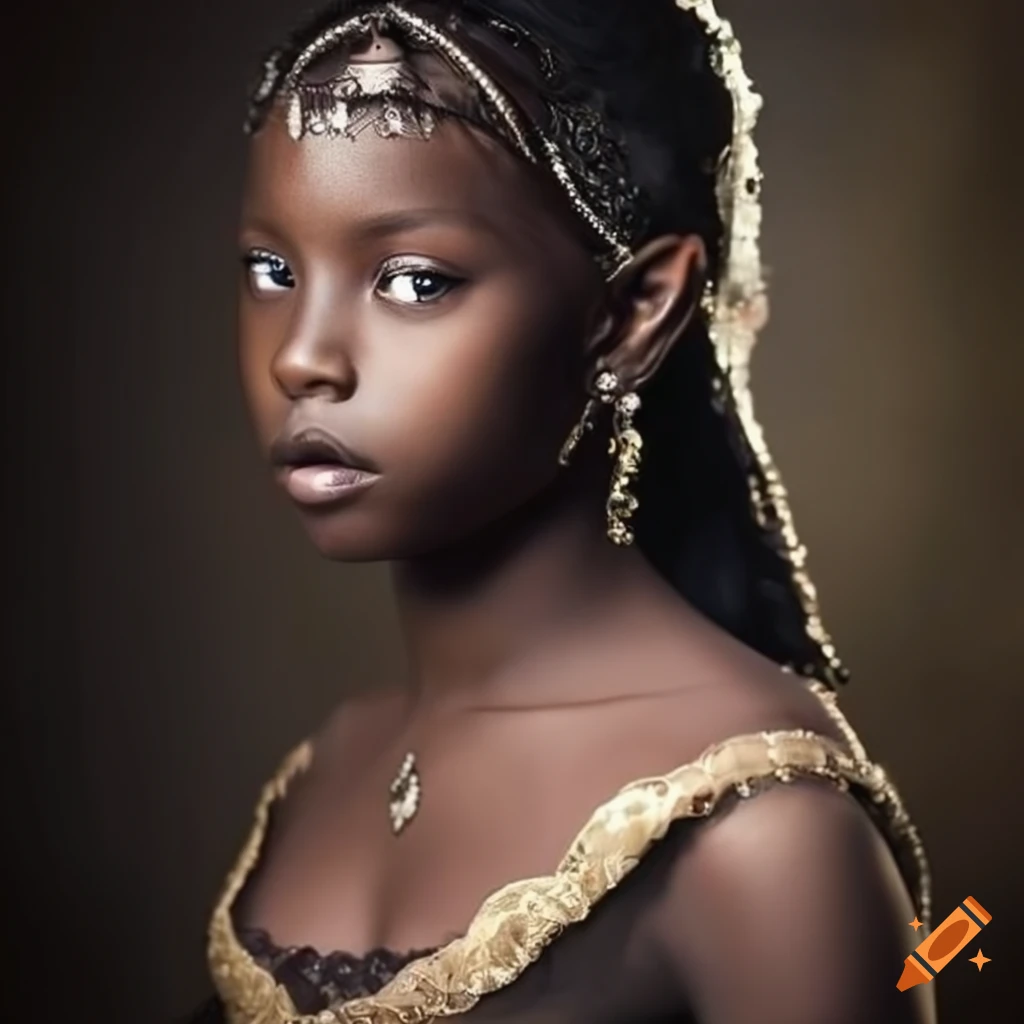 A young elven princess with dark skin and black hair in an elaborate dress