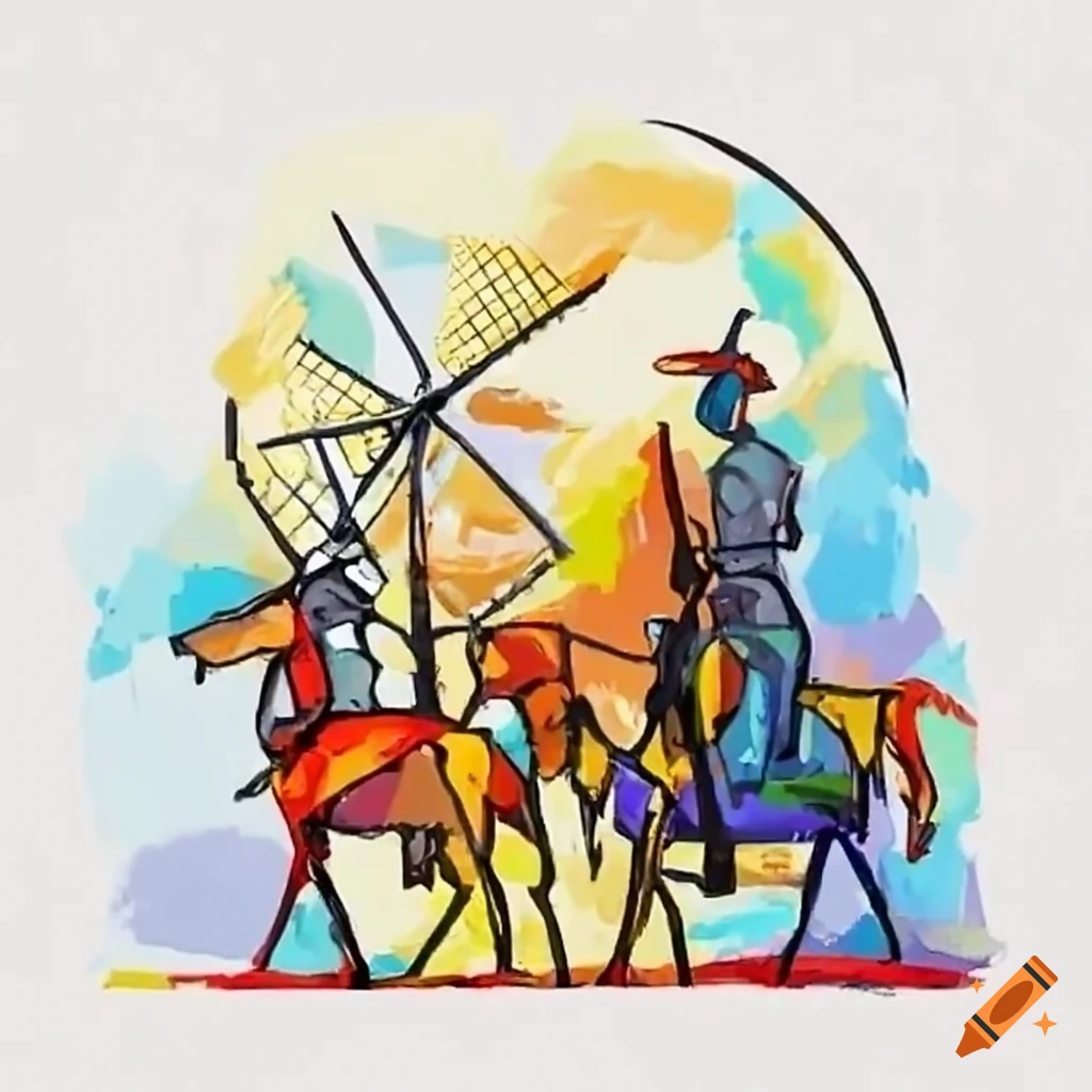 Don Quixote tilting windmills with a wooden sword on Craiyon
