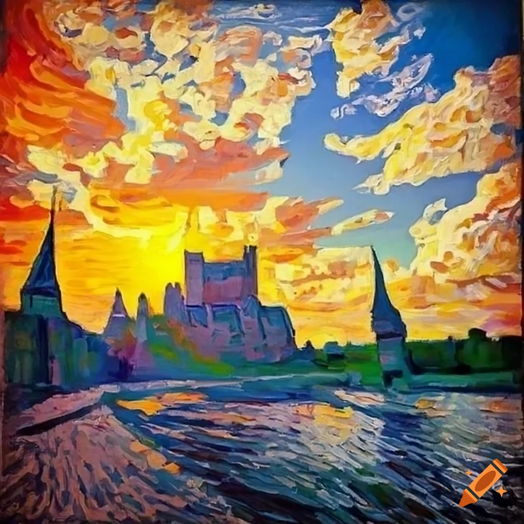 Castle, colourful, clouds, sunset, van gogh on Craiyon
