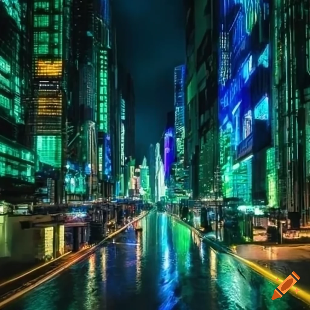 Futureistic city night time green lights