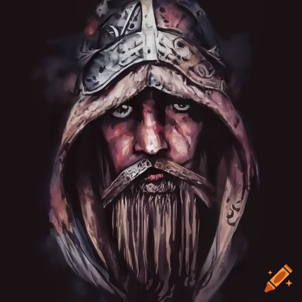 Rey triste vikingo estilo acuarela fondo negro