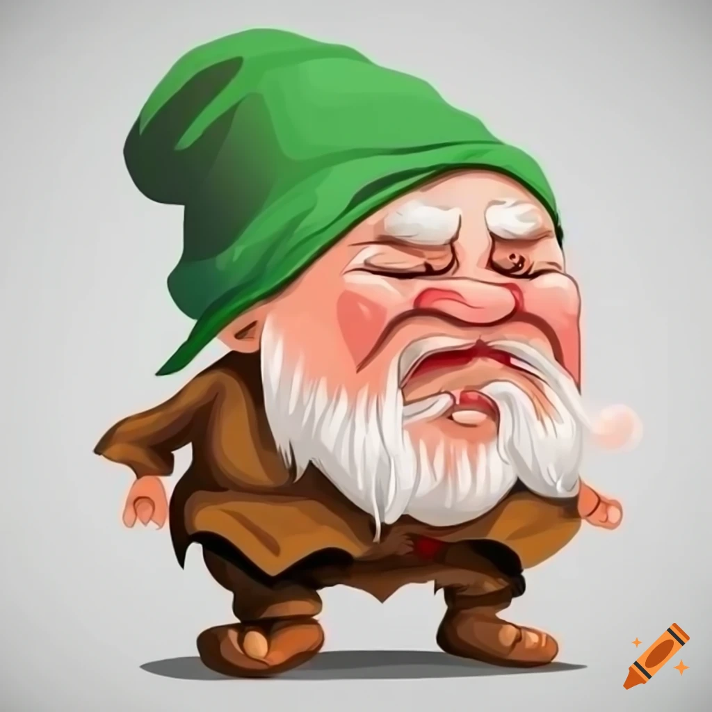 Cartoon image of a dwarf with a cap straining and crying on Craiyon