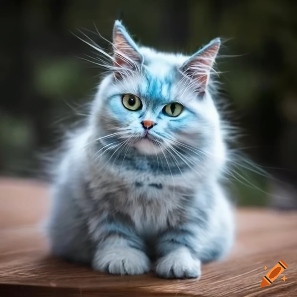 Cute fluffy cat with blue fur and green eyes on Craiyon