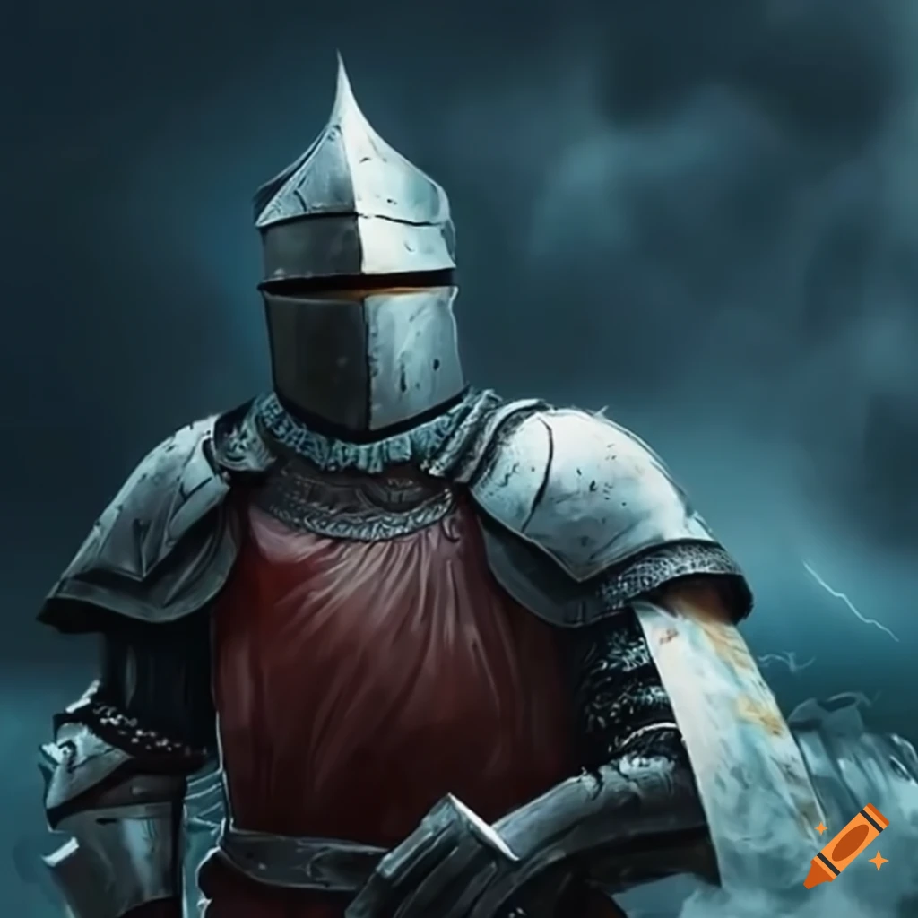 A knight defending against a thunder bolt in a violent storm