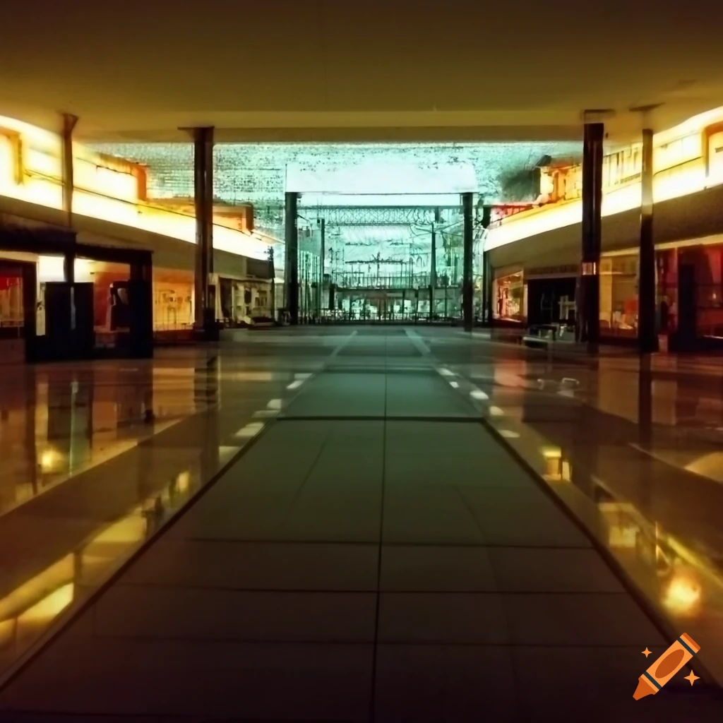 A big empty mall, greenish lights ,atmosphere, photo shot in early 2000s