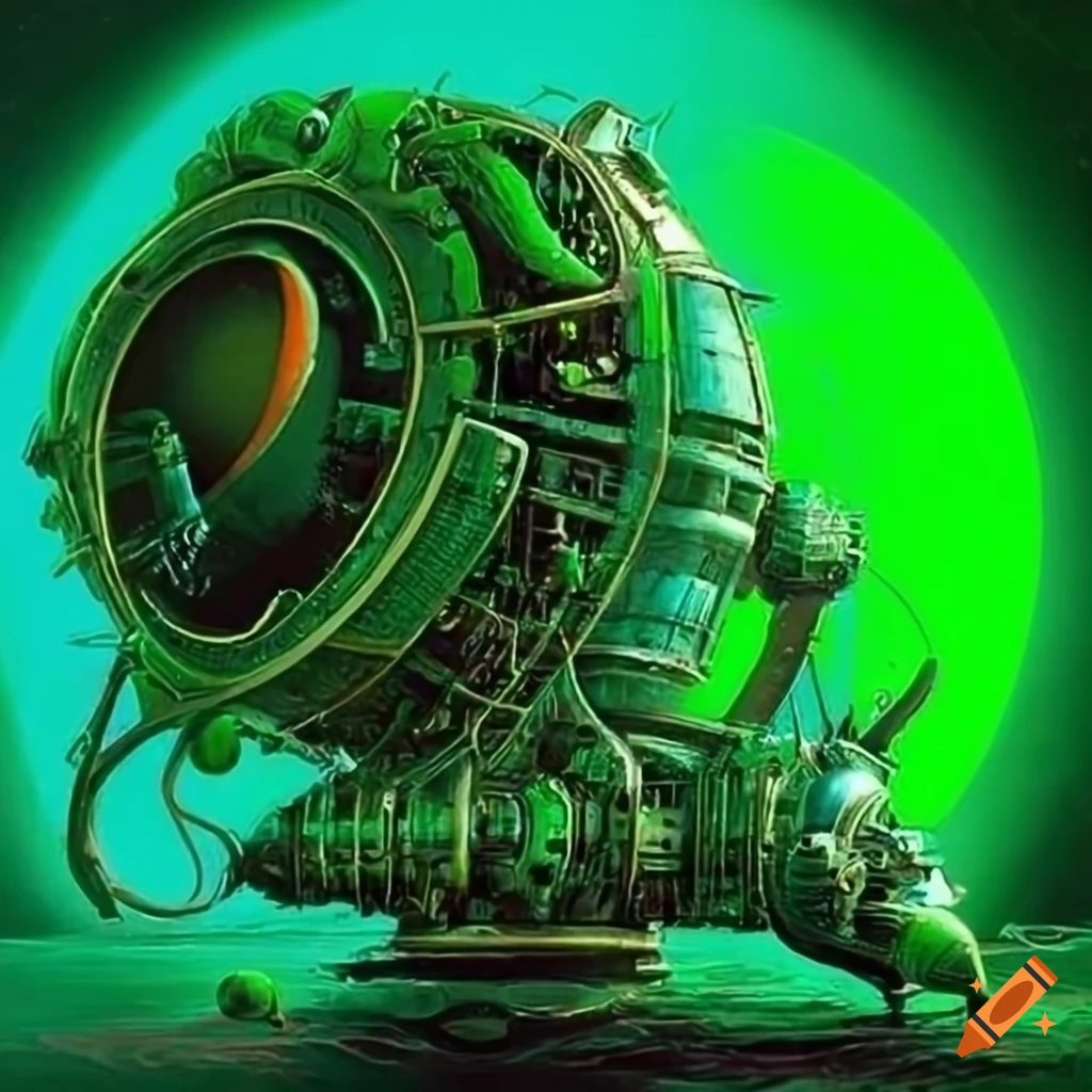 70s sci fi engine green art