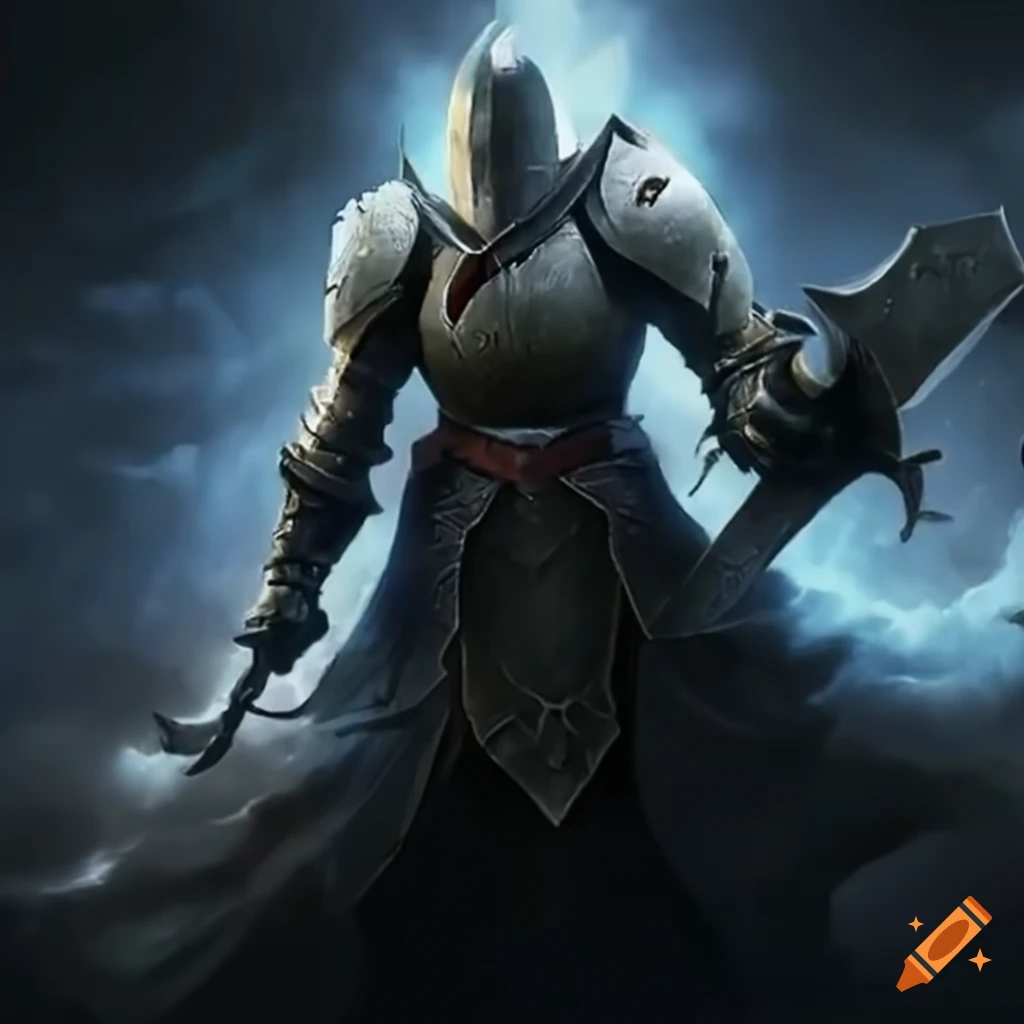 A knight defending against a thunder bolt in a violent storm on Craiyon