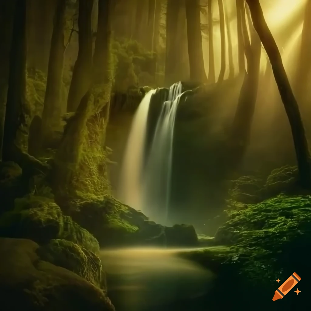 Mythic forest with high waterfall evening light and fog