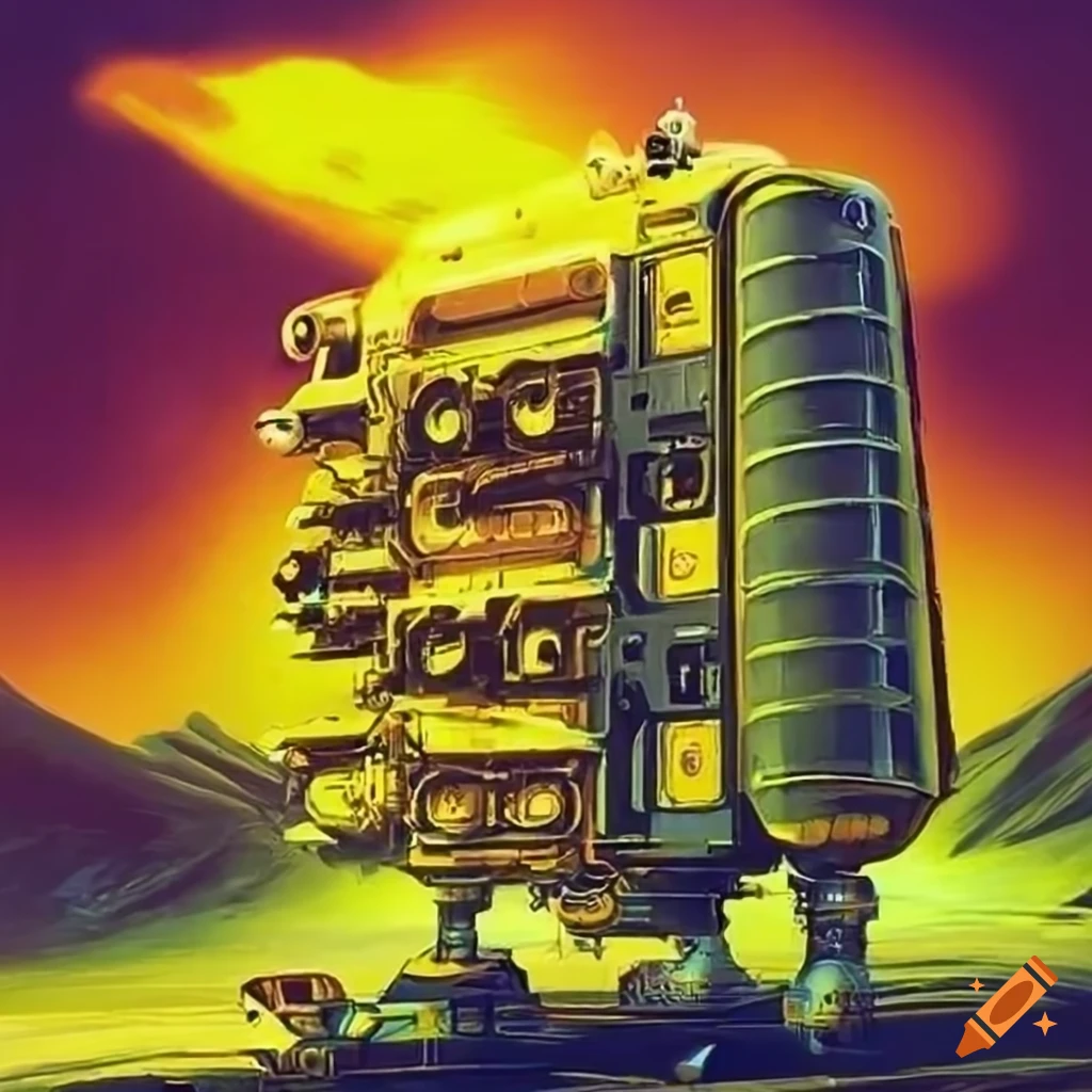 70s sci fi engine yellow art on Craiyon