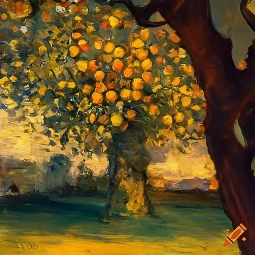 Apple tree in garden with golden hour lighting painted by édouard manet