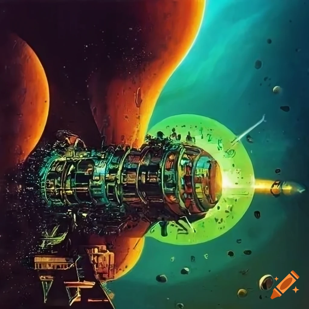 70s sci fi engine green art on Craiyon