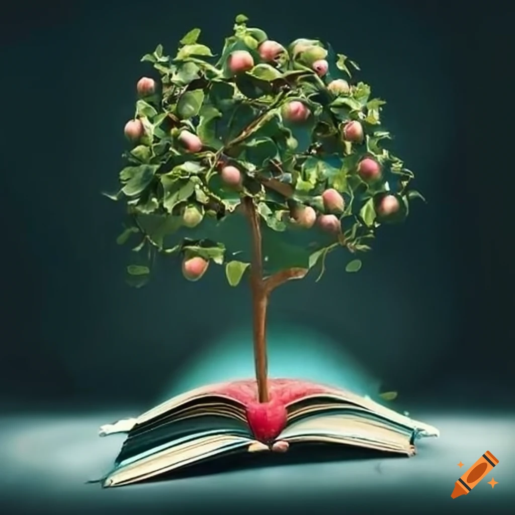 A book with a apple tree growing out of it on Craiyon