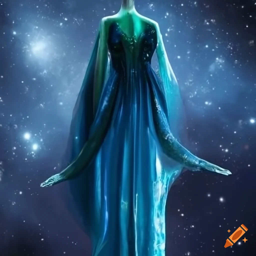 Alien with a long blue shiny dress floating in the space