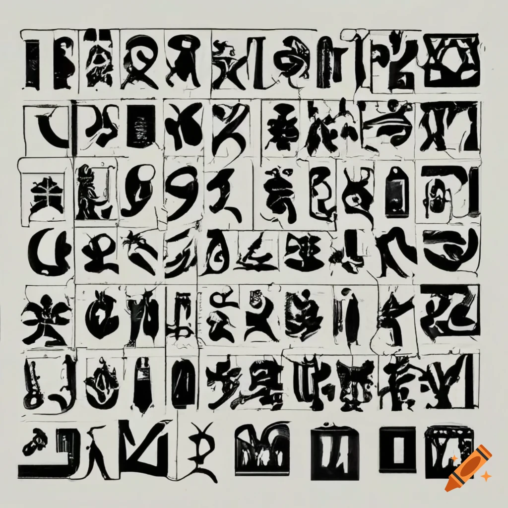 A set of 50 unique symbols representing a fictional language