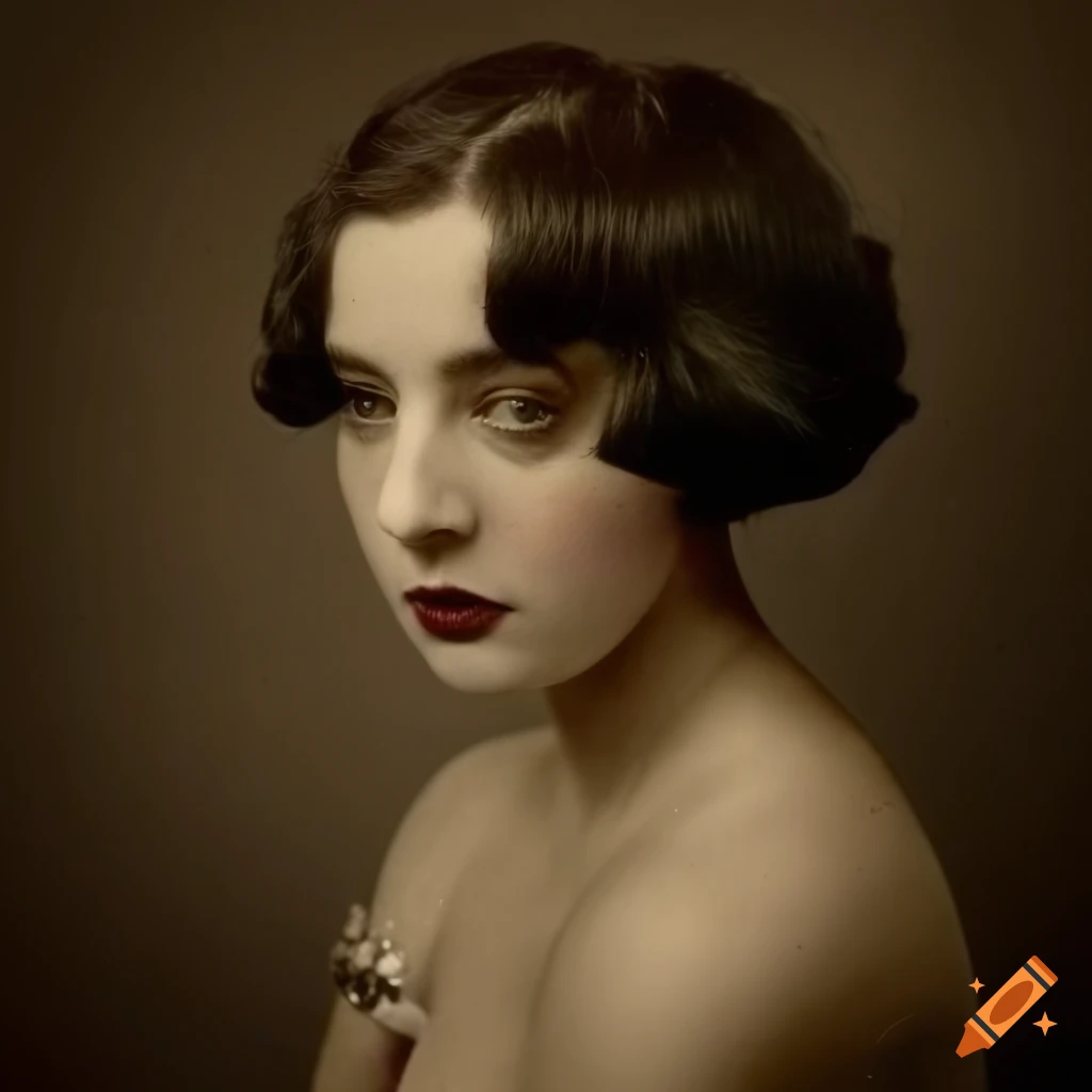 Dramatic, flapper girl, half body shot, bob hairstyle, portrait, 1900s, grainy, wetplate style frame