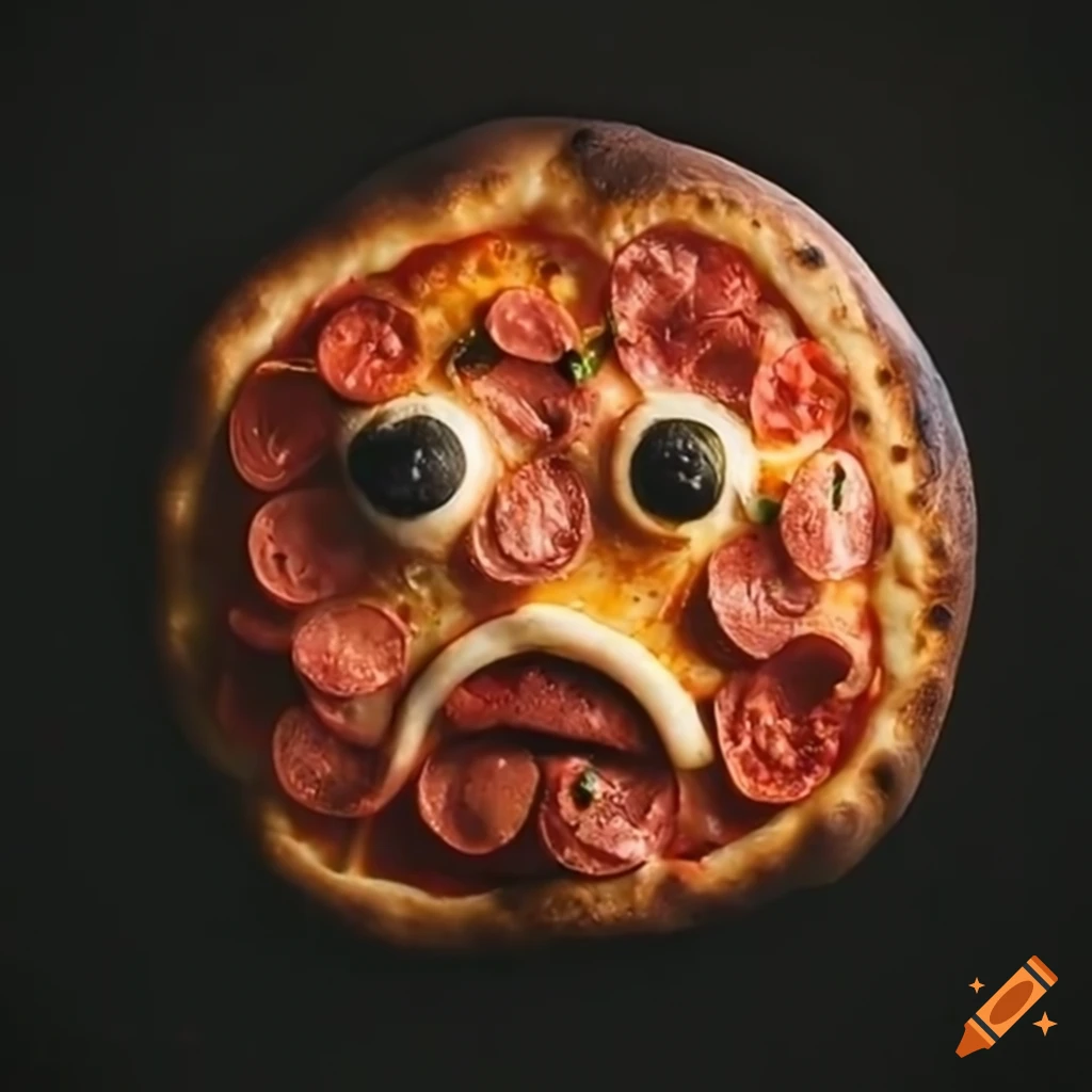 A pizza that has a really sad face made from pizza toppings