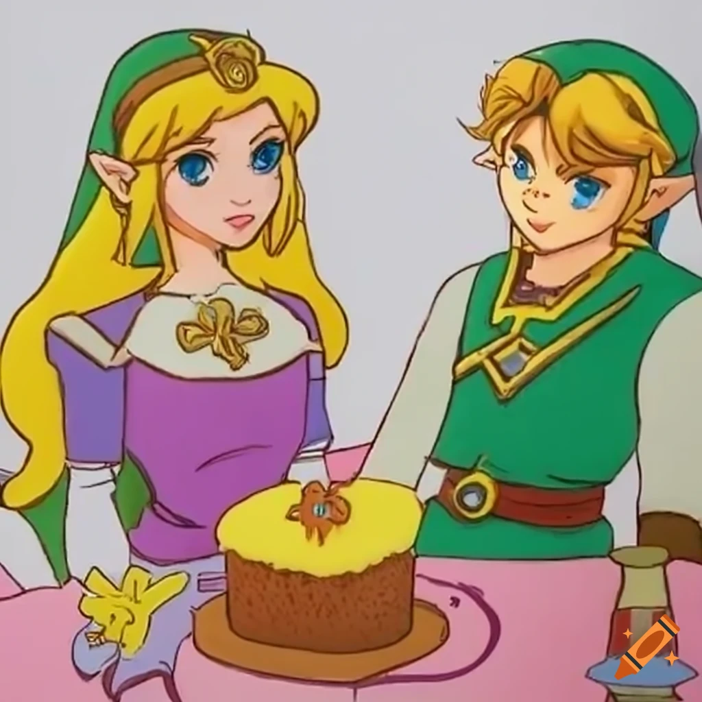 Princess zelda and link at a table with pound cake