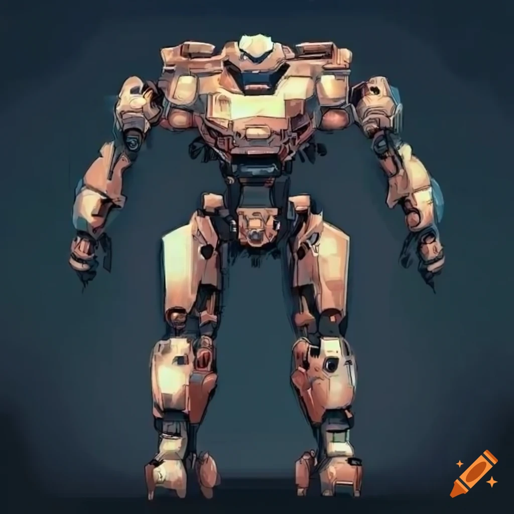 Plan and elevation view of a mecha