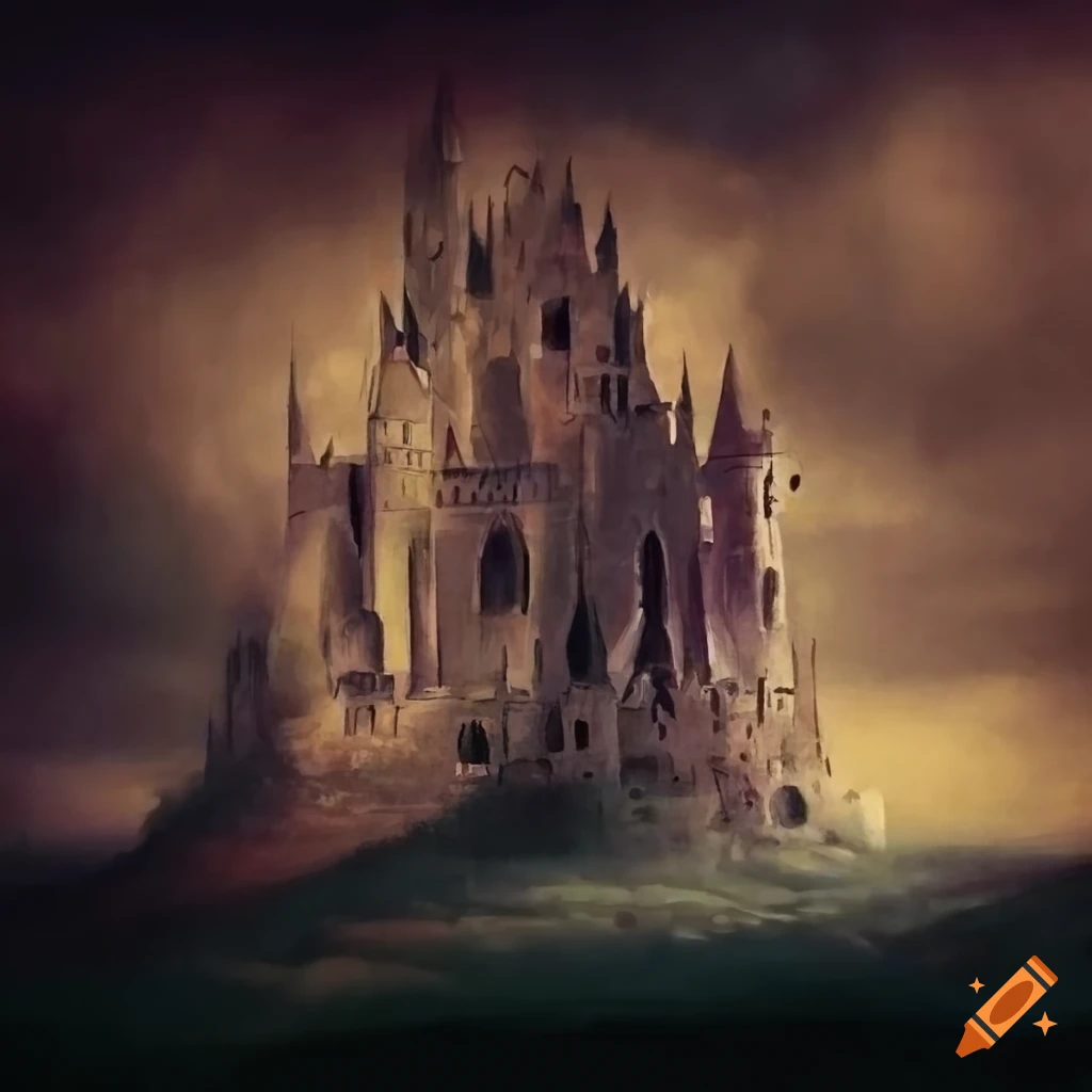 Mixed media composition of a surreal castle on Craiyon
