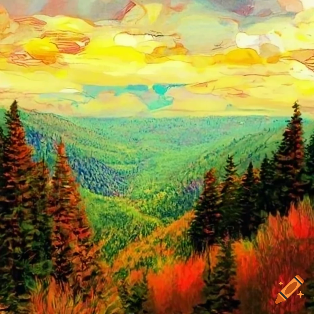 Draw a landscape of the blue ridge mountains like gustav klimt on Craiyon