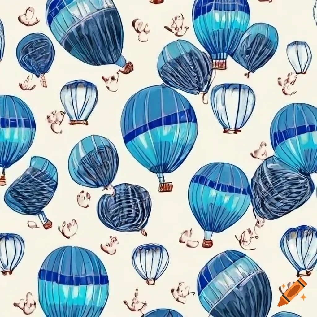 Blue hot air balloon repeating pattern on white background sketch on ...