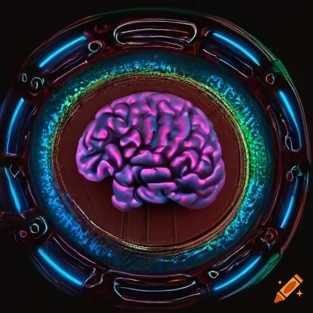 Colorful old coin shaped book cover with neon blue brain design