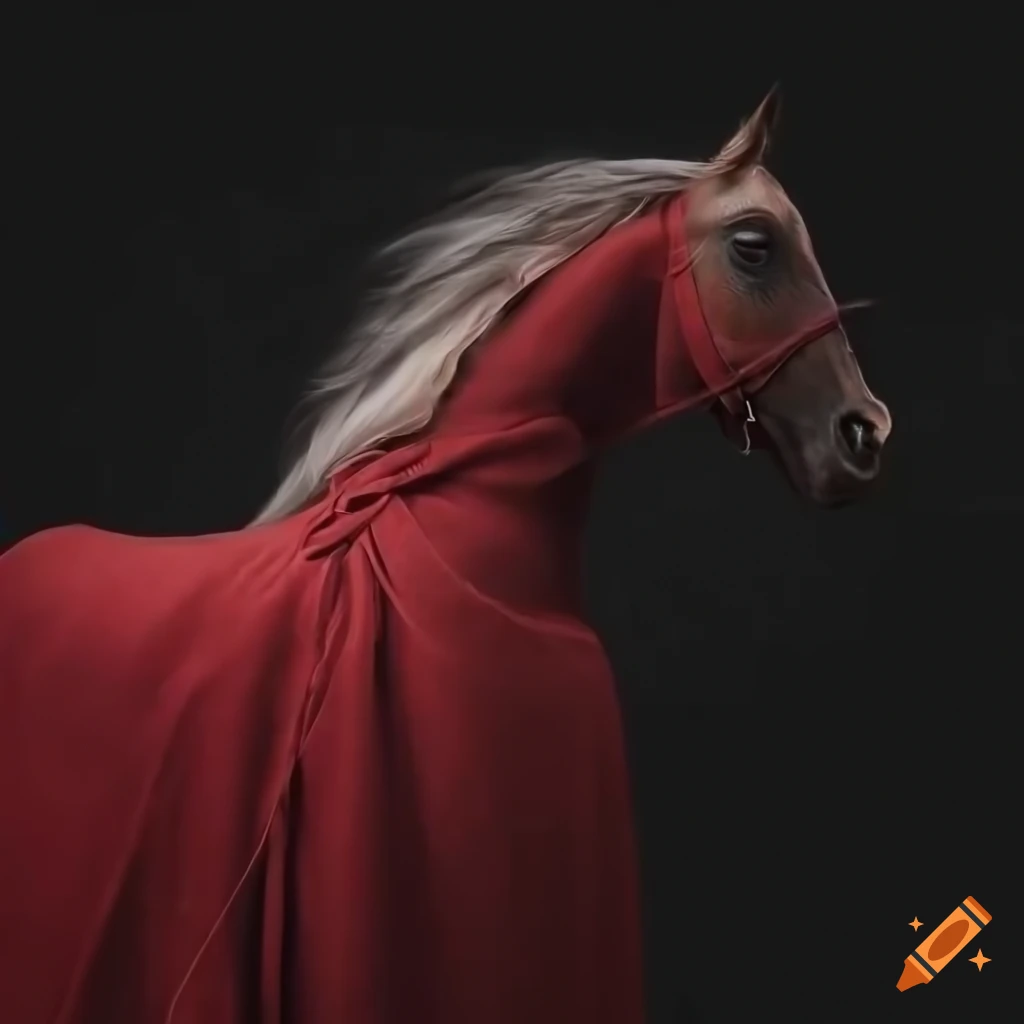 A galloping horse wearing a red medieval cloth blanket on its back ...