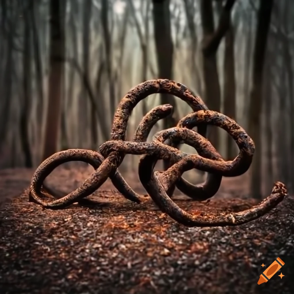 Intricate iron tangle is rusty in a mysterious forest