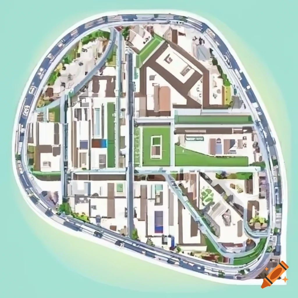 2d layout like a blueprint of a decent sized city with roads, buildings ...