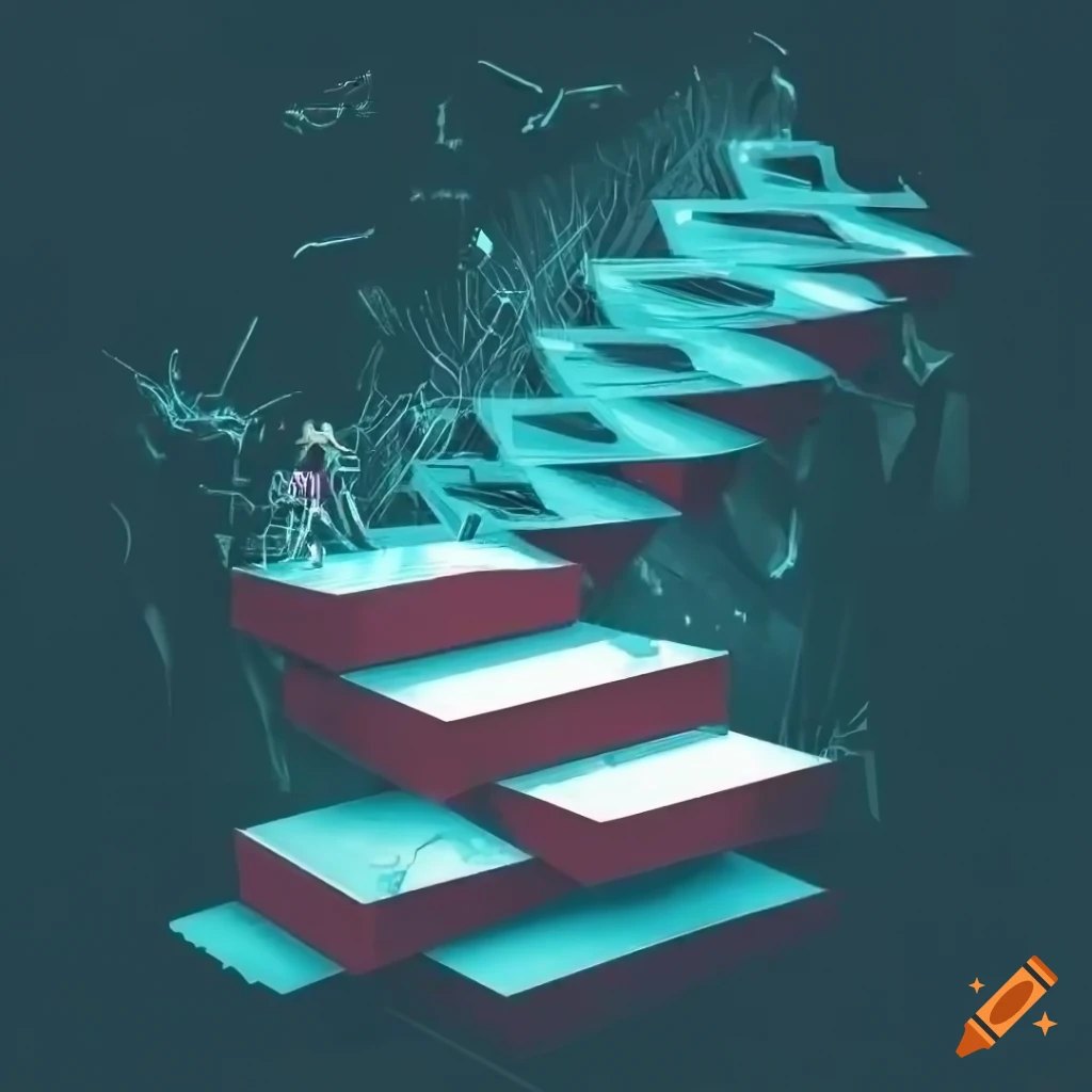 An abstract album cover with crazy stairs in all vectors that is not flashy