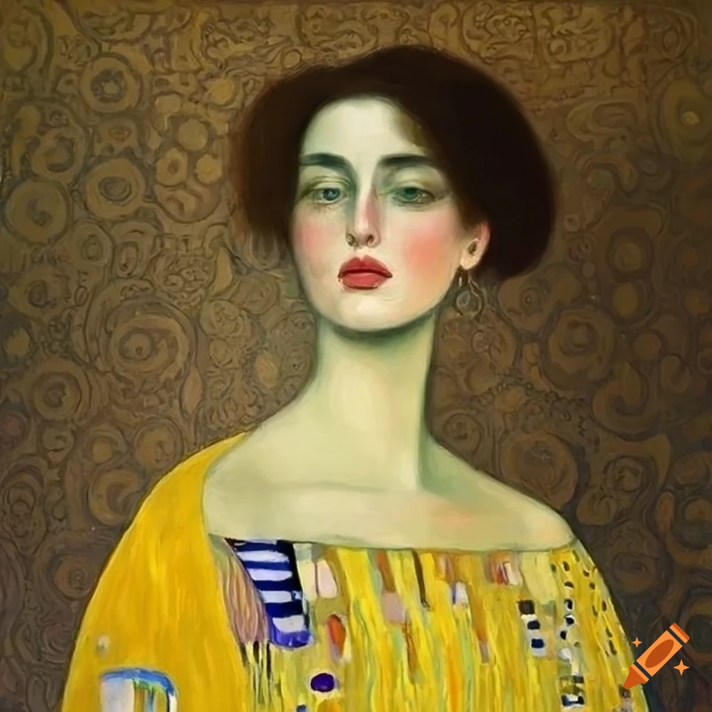 Woman in a yellow dress in the style of gustav klimt