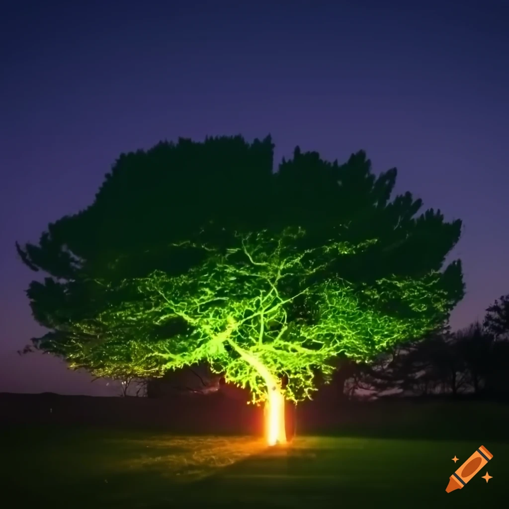 Neon tree in open field at a clear night
