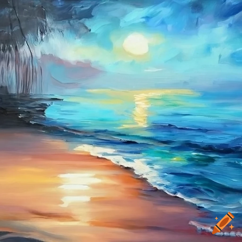 Pintura al oleo de playa con olas estilo barroco