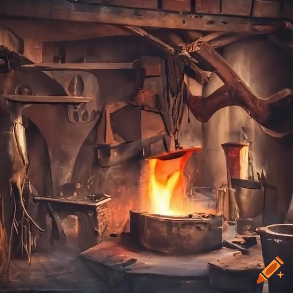 A blacksmith's forge with billows pumping air into a blazing furnace ...